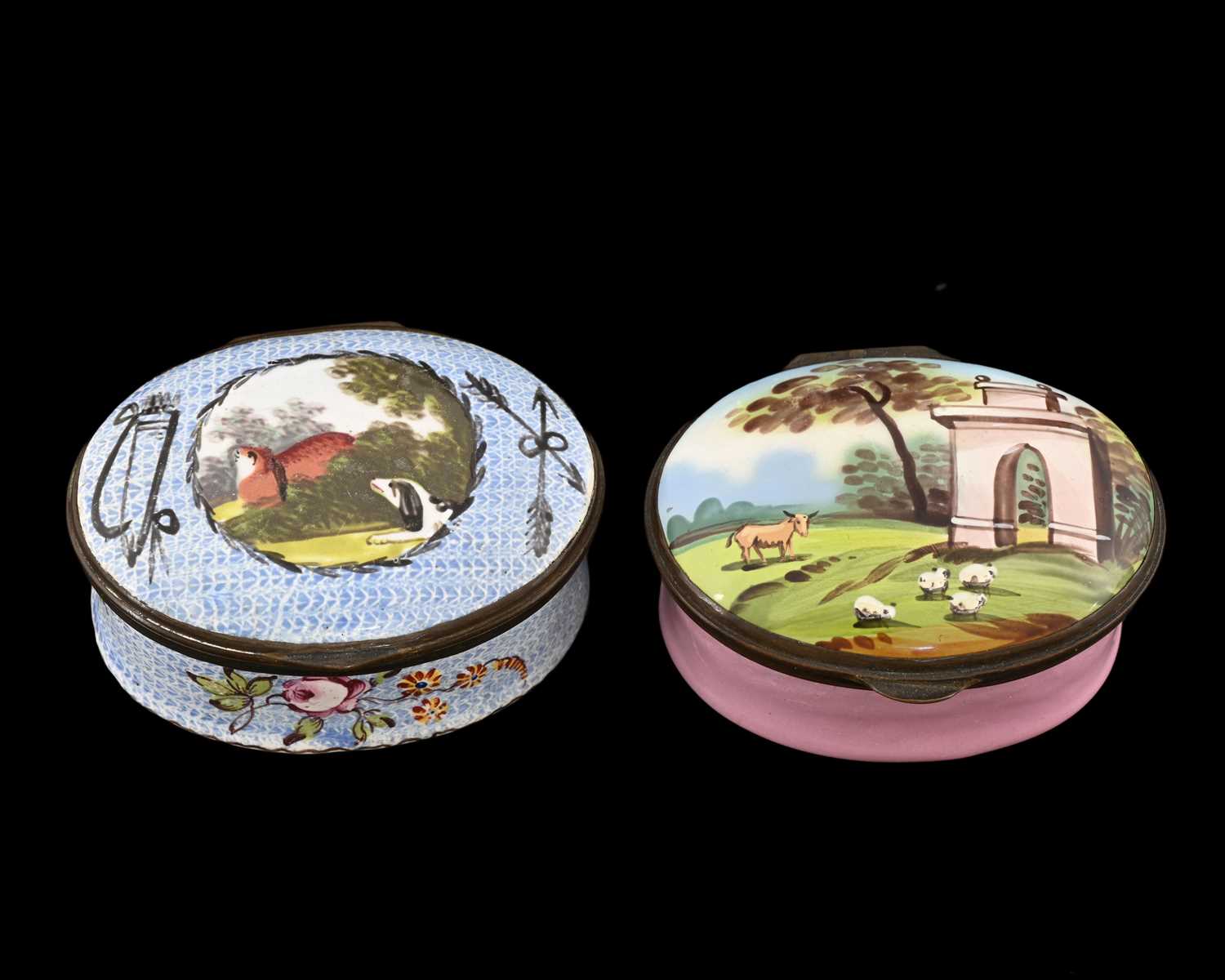 Lot 303 - Two large Bilston enamel patch boxes, circa